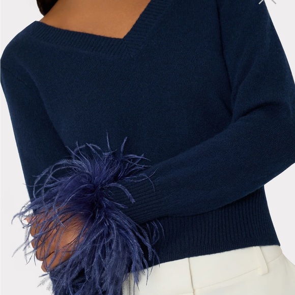 Milly | Sweaters | Milly Feather Cuff V Neck Sweater In Navy | Poshmark